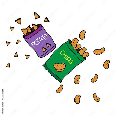 Chips And Tortila In The Package Two Open Pack Icon Pile Of Chips Hand Drawn Vector White