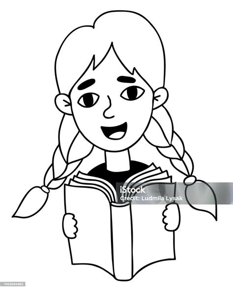 땋은 머리를 한 웃는 귀여운 소녀의 초상화 벡터 선형 손으로 그린 낙서 책을 가진 개념 아이 캐릭터 여학생 Tie Game에 대한 스톡 벡터 아트 및 기타 이미지 Istock