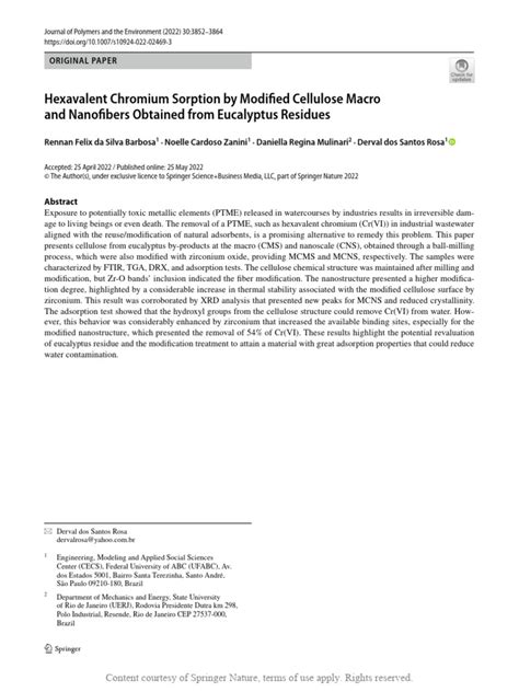 Hexavalent Chromium Sorption By Modified Cellulose Pdf Thermogravimetric Analysis Chromium