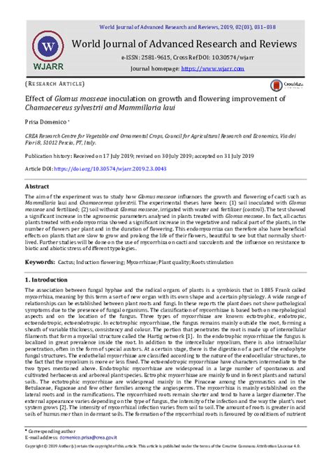 Pdf Effect Of Glomus Mosseae Inoculation On Growth And Flowering Improvement Of Chamaecereus
