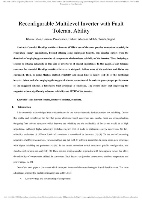 Pdf Reconfigurable Multilevel Inverter With Fault Tolerant Ability