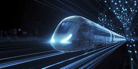 기차는 파란색으로 미래 지향적인 스타일로 표시됩니다 기차가 선로를 따라 움직이고 있으며 미래 지향적인 디자인을 가지고 있습니다 기차 미래의 스타일 배경 일러스트 및