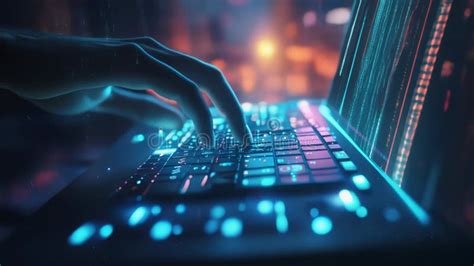 Programmer Writing Code On Futuristic Laptop In Cyberpunk Setting Stock Footage Video Of