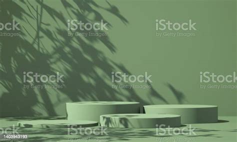 녹색 배경과 나무 그림자가있는 3d 녹색 제품 연단 디스플레이 여름 제품 모형 배경 3d 렌더링 일러스트 레이 션 3차원 형태에 대한 스톡 사진 및 기타 이미지 Istock
