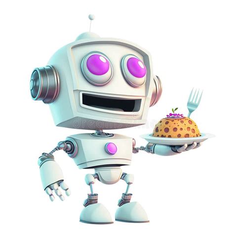 Cute Android Waiter Serving Dessert Isolated On White Generative Ai