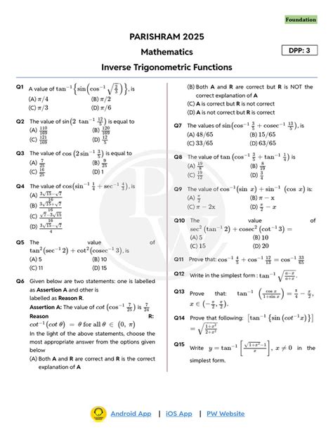 Inverse Trigonometric Functions Dpp 03 Of Lec 06 Parishram 2025