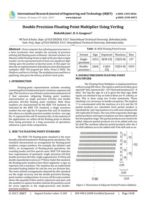 Double Precision Floating Point Multiplier Using Verilog Pdf