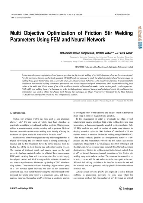 Pdf Multi Objective Optimization Of Friction Stir Welding Parameters Using Fem And Neural Network