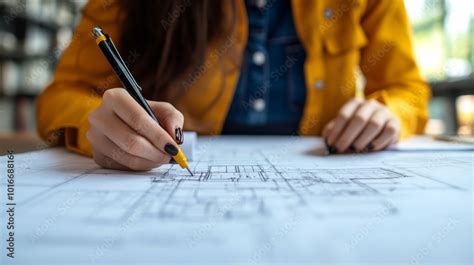 Close Up Of Woman Architect Taking Notes On Blueprints Plans To Design Building Layout Engineer