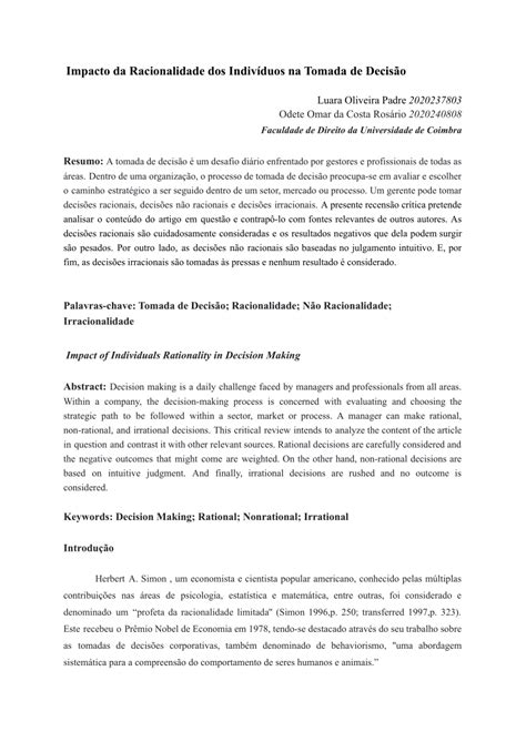 Pdf Impacto Da Racionalidade Dos Indivíduos Na Tomada De Decisão