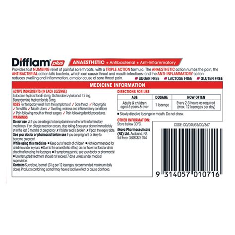 DIFFLAM PLUS ANAESTHETIC Antibacterial Anti Inflammatory TRIPLE ACTION WILD BERRY LOZENGES