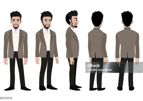 애니메이션스마트 슈트에 비즈니스 맨과 만화 캐릭터 전면 측면 후면 34 뷰 애니메이션 캐릭터 플랫 벡터 그림입니다 감정에 대한 스톡 벡터 아트 및 기타 이미지 Istock