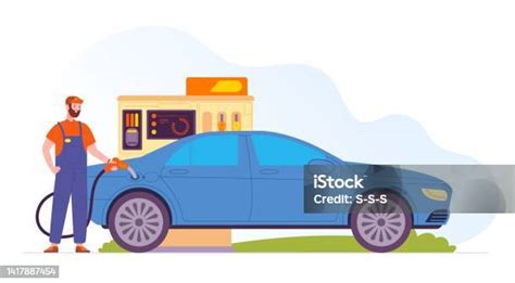 노동자 충전 자동차 자동차 운전사 가솔린 가솔린 펌프 연료 수송 기름 연료 전기 연료 자동차 벡터 일러스트 레이 션의 작업 주유소 균일 한 쏟아지는 탱크에있는 남자 가솔린에
