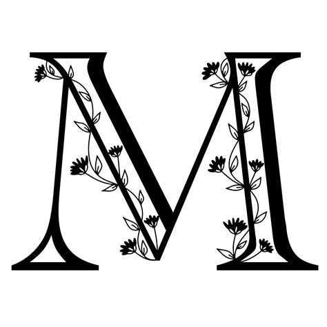 Floral Botanical Alphabet Vintage Hand Drawn Monogram Letter M Letter