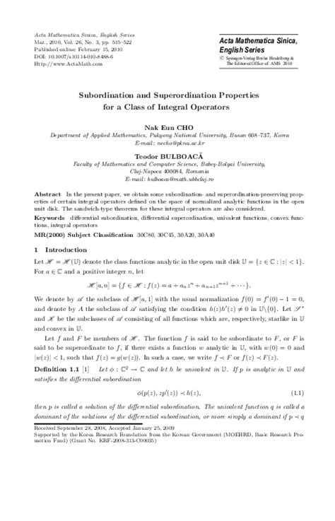 Pdf Subordination And Superordination Properties For A Class Of Integral Operators