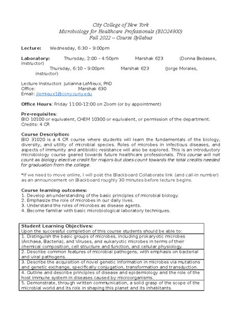 Microbiology Lecture Syllabus Fall 2022 City College Of New York
