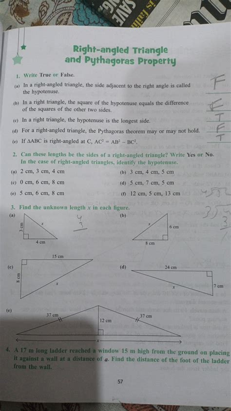 Right Angled Triangle And Pythagoras Property1 Write True Or False A