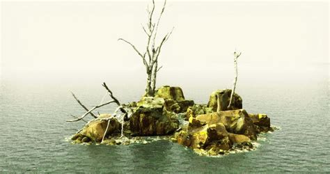 Cgi Rocky Island With Barren Trees Surrounded By Calm Water At Dawn