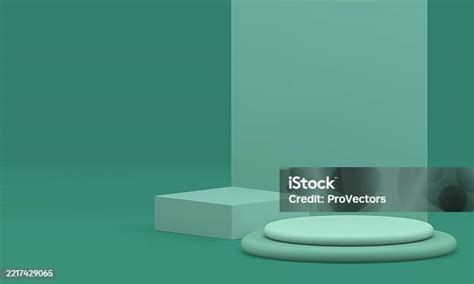 녹색 3d 실린더 사각형 연단 쇼룸 공간 프리젠 테이션 현실적 벡터 일러스트 레이 션 3차원 형태에 대한 스톡 벡터 아트 및