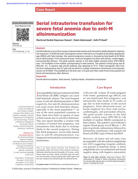 Pdf Serial Intrauterine Transfusion For Severe Fetal Anemia Due To Anti M Alloimmunization