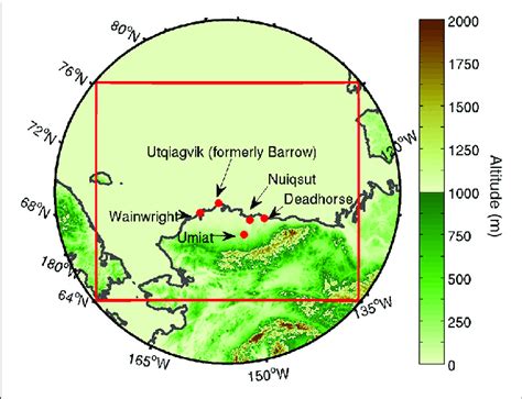 The Wrf Simulation Domain Red Box With Terrain Heights M This Download Scientific