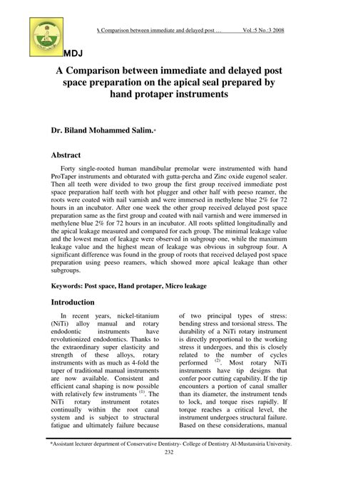 Pdf Mdj A Comparison Between Immediate And Delayed Post Space Preparation On The Apical Seal