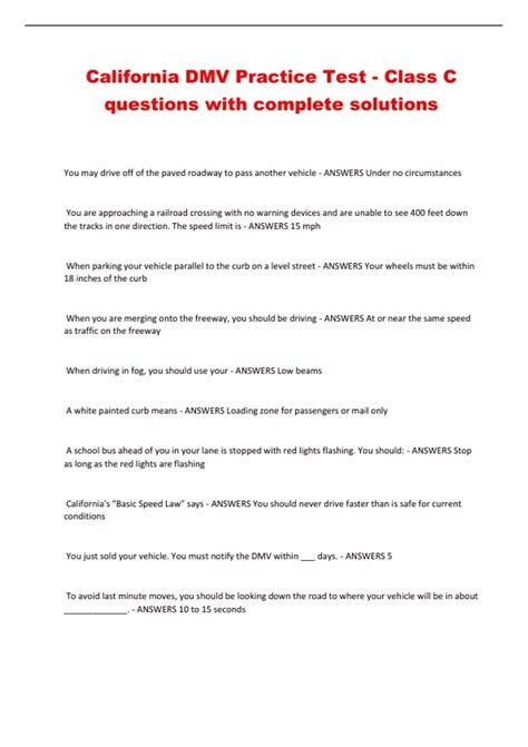 california dmv practice test class c questions with complete