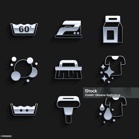 청소용 브러시 의류 증기선 더러운 티셔츠 드라이의류 온도 세척 비누 물 거품 세탁 세제 및 아이콘을 설정합니다 벡터 40에 대한 스톡 벡터 아트 및 기타 이미지 Istock