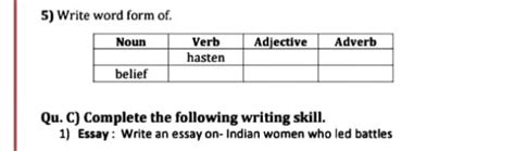 5) Write word form of.\begin{tabular} { | c | c | c | c | } \hline Noun..