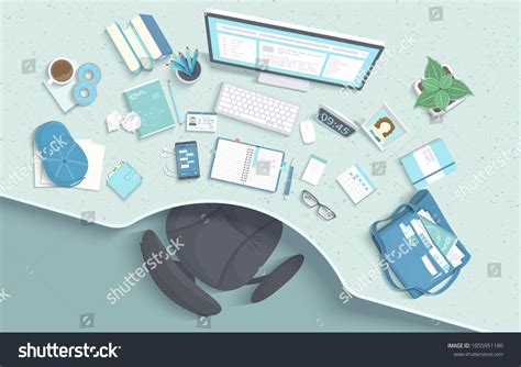 Top View Modern Stylish Workplace Table Stock Vector Royalty Free 1055951180 Shutterstock