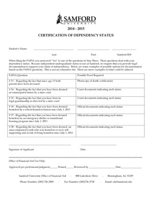 Fillable Online Samford 2013 2014 Dependency Status Form Samford University Samford Fax