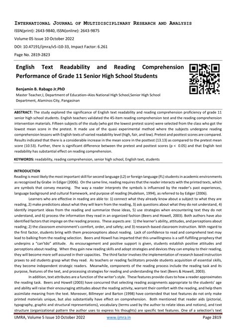 Pdf English Text Readability And Reading Comprehension Performance Of Grade 11 Senior High