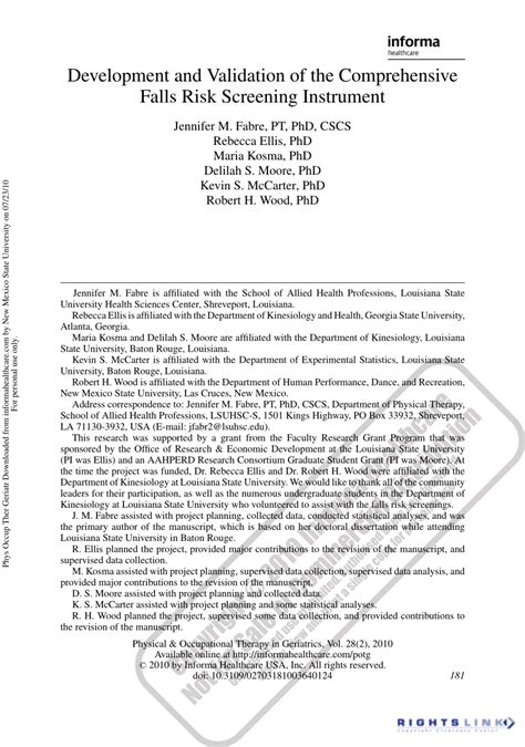 Pdf Development And Validation Of The Comprehensive Falls Risk Screening Instrument