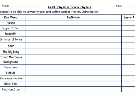 AQA New Physics Revision Checklist Space Teaching Resources