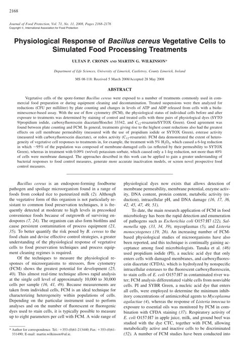 Pdf Physiological Response Of Bacillus Cereus Vegetative Cells To Simulated Food Processing