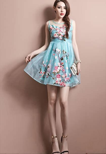 Elegant Sweet Flower Embroidery Semi Sheer Party Dress