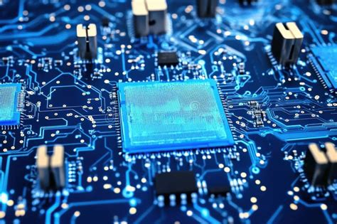 Close Up View Of A Modern Circuit Board With Microprocessor Stock