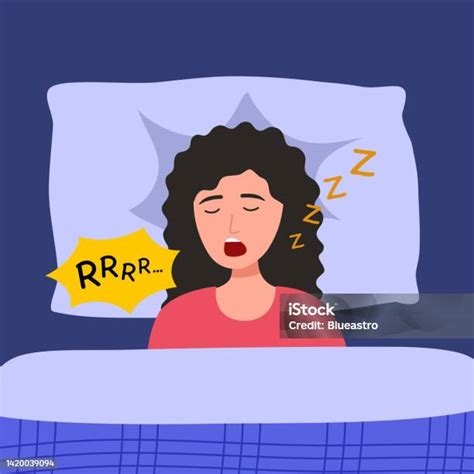 평평한 디자인으로 자고 코를 골고 있는 여성 스노어 건강 문제 개념 벡터 일러스트레이션 기진맥진에 대한 스톡 벡터 아트 및 기타