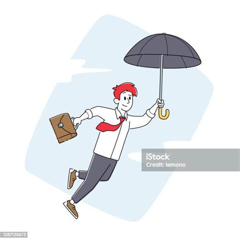 손에 서류 가방과 우산에 비행 행복 한 사업가 영감 캐릭터 금융 보호 보험 개념에 대한 스톡 벡터 아트 및 기타 이미지 개념 계절 구름 Istock