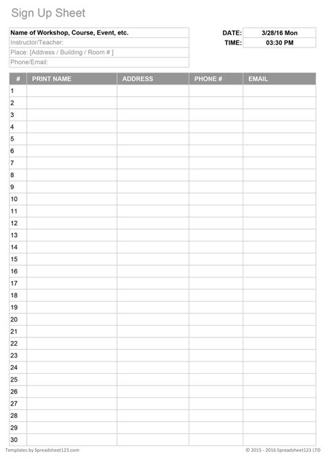 Excel Sign Up Sheet Template