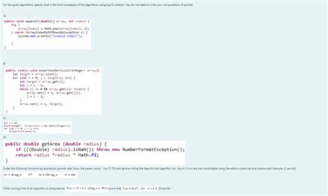 solved for the given algorithms specify what is the time