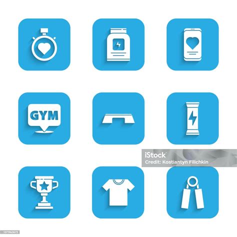 세트 스텝 플랫폼 티셔츠 스포츠 익스팬더 스포츠 영양 어워드 컵 로케이션 체육관 심장 박동이 있는 모바일 센터 스톱워치 아이콘의 하트 벡터 건강한 생활방식에 대한 스톡 벡터