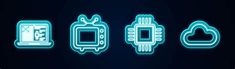 세트 라인 의료 임상 기록 텔레비전 Tv Cpu와 클라우드 프로세서 빛나는 네온 아이콘 벡터 0명에 대한 스톡 벡터 아트 및 기타 이미지 Istock