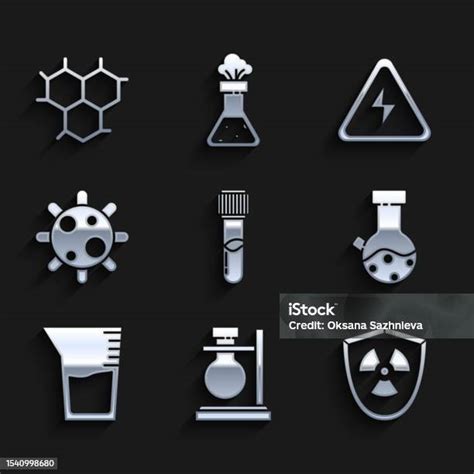 시험관과 플라스크 화학 물질 스탠드 방패의 방사성 실험실 유리 제품 또는 비커 박테리아 고전압 기호 및 화학식 아이콘을 설정합니다 벡터 건강 검진에 대한 스톡 벡터 아트 및