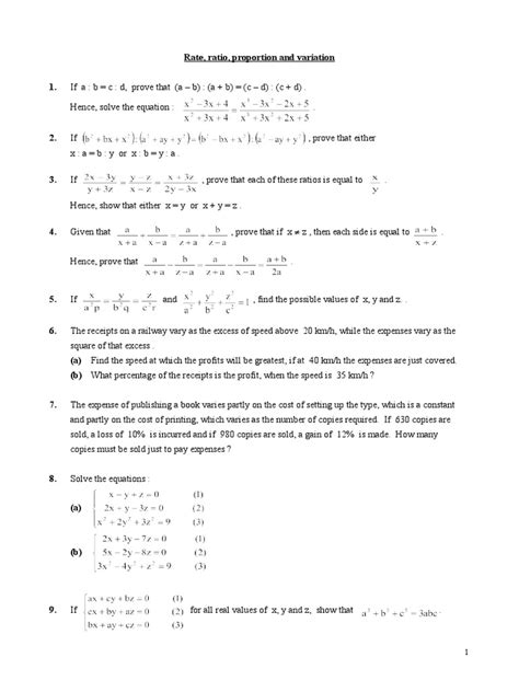Rate Ratio Proportion Variation Exercise Pdf