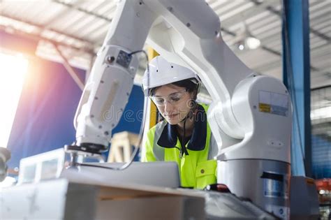 Female Technician Engineer Using Laptop Checking Automation Robotics At Industrial Modern