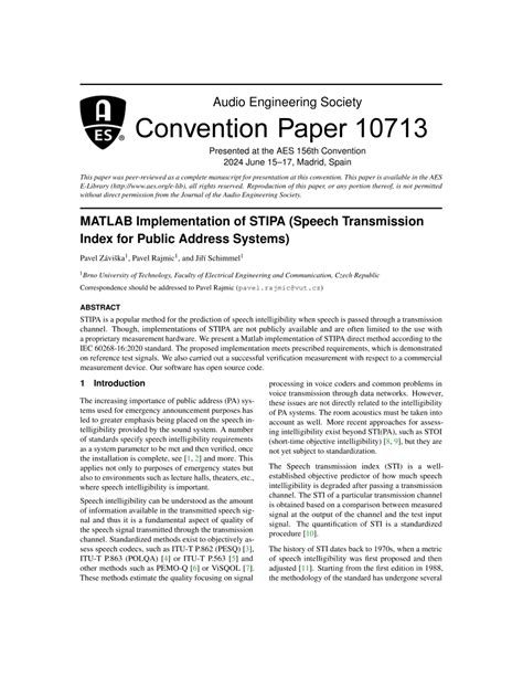 Pdf Matlab Implementation Of Stipa Speech Transmission Index For Public Address Systems