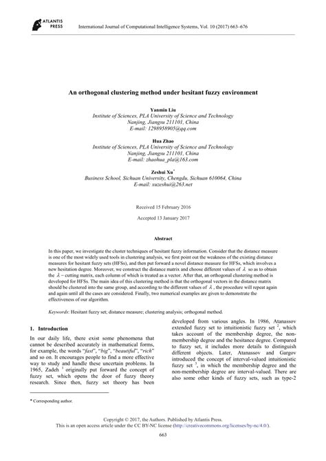 pdf an orthogonal clustering method under hesitant fuzzy environment