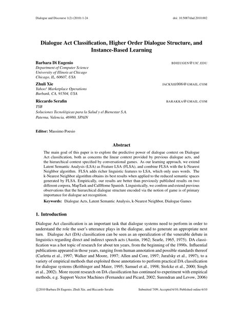 Pdf Dialogue Act Classification Instance Based Learning And Higher Order Dialogue Structure