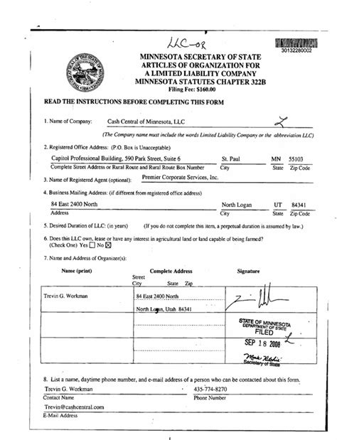 Minnesota Secretary Of State Articles Of Organization For A Limited